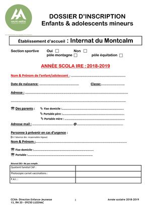 Calaméo - Dossier Inscription Internat 2018 2019