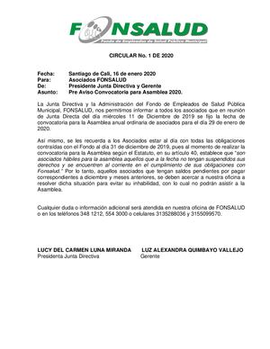 Calaméo - Circular 1 2020 Pre Aviso De Convocatoria Asamblea