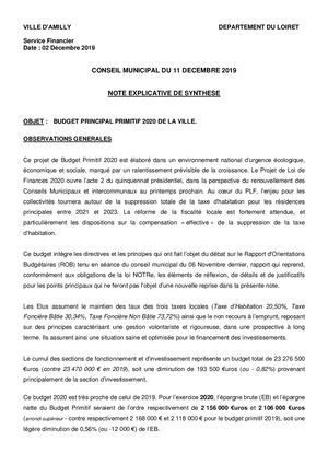Calaméo - Note Explicative De Synthèse Budget Principal Primitif 2020 ...