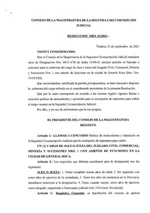 Calaméo - Res Nro 47 21 Cm Llamado A Concurso Juez Civil N° 1 Gral Roca
