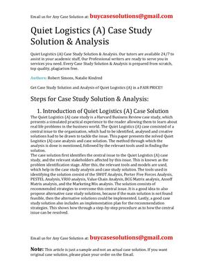 Calaméo - Quiet Logistics (A) Case Study Solution Analysis