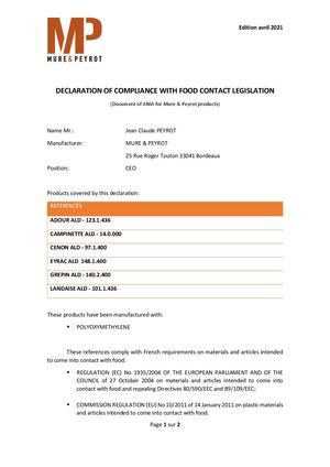 Calaméo - ADOUR - Declaration Of Compliance With Food Contact ...